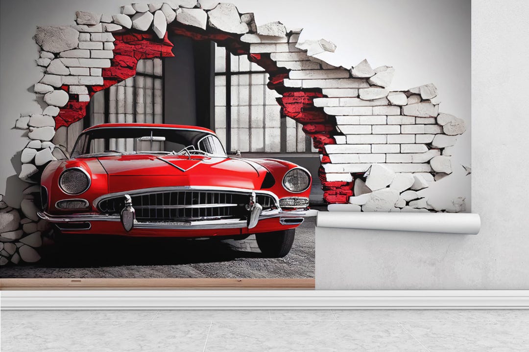 3D Car Wall Mural, Classic Red Sports Car Wallpaper, Garage Theme Wall ...