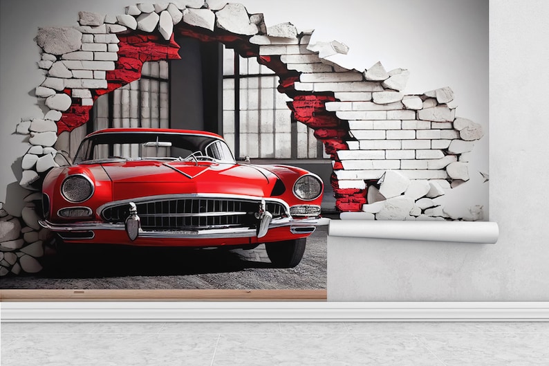 3D Car Wall Mural, Classic Red Sports Car Wallpaper, Garage Theme Wall ...