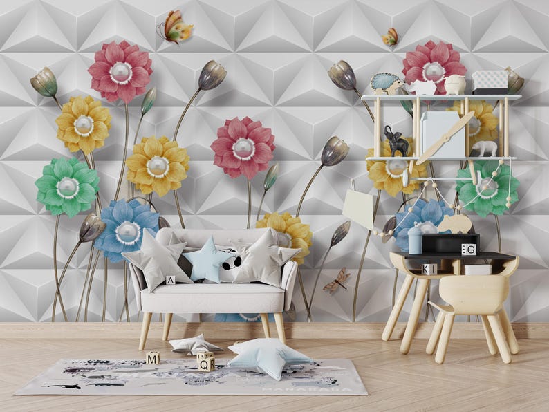 3D Pearl Flower Wall Mural, Colorful Floral Wallpaper, Modern Geometric ...