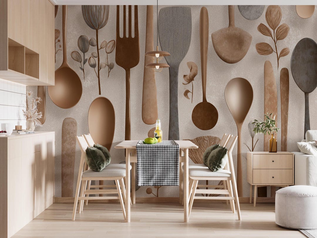 Neutral Kitchen Utensil Wallpaper, Warm Beige & Brown Cooking Tools ...