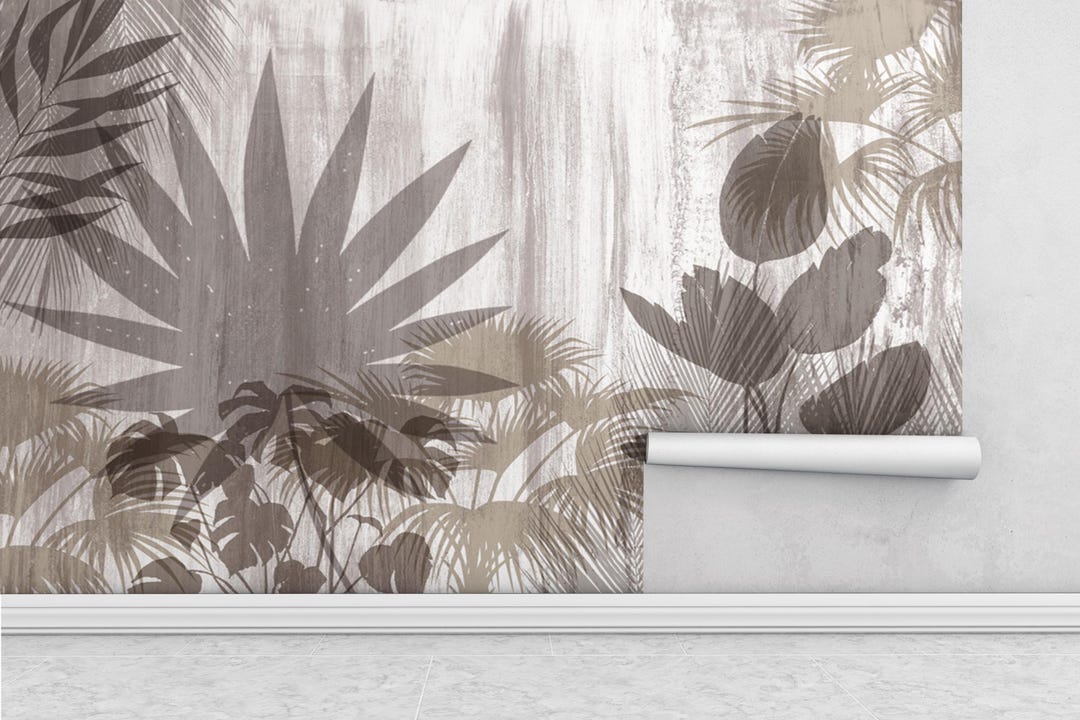 Neutral Tropical Jungle Wall Mural, Beige Brown Leaf Shadow Wallpaper ...