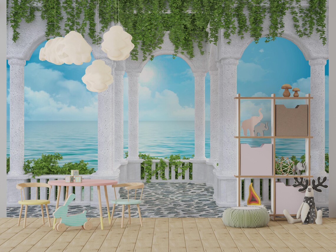 Ocean View Wall Mural, Balcony Arch Seaside Wallpaper, Blue Sky and ...