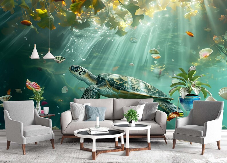 Underwater Turtle Wall Mural, Ocean Animal Wallpaper, Kids Room Decor ...