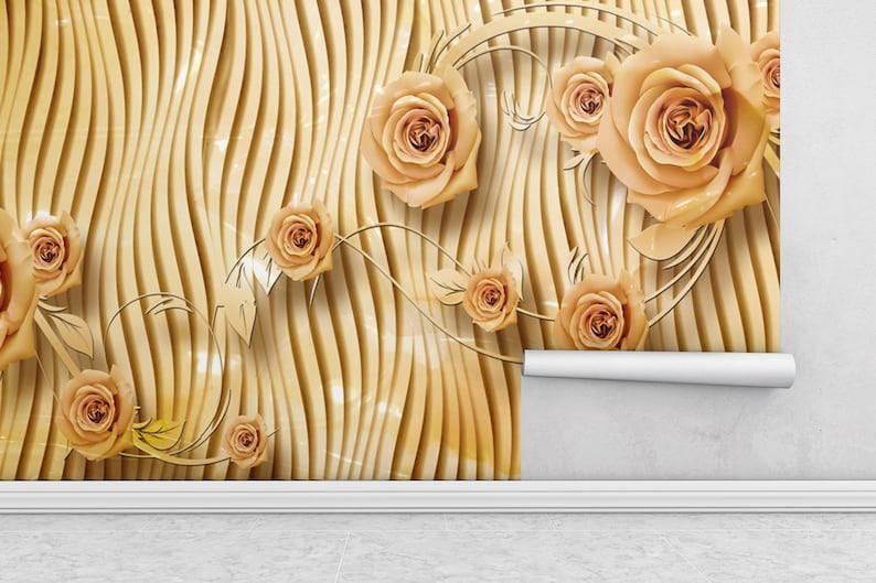 3D Rose Wall Mural, Golden Floral Wallpaper, Luxury Elegant Roses ...