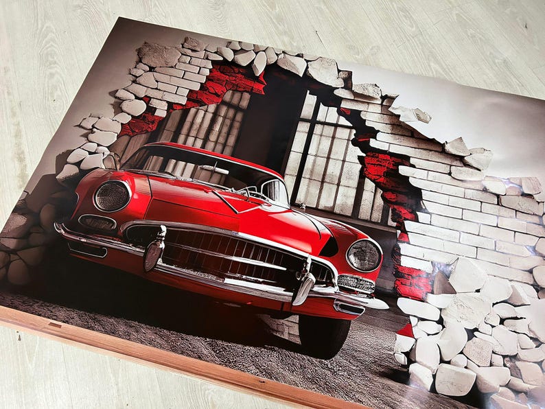 3D Car Wall Mural, Classic Red Sports Car Wallpaper, Garage Theme Wall ...