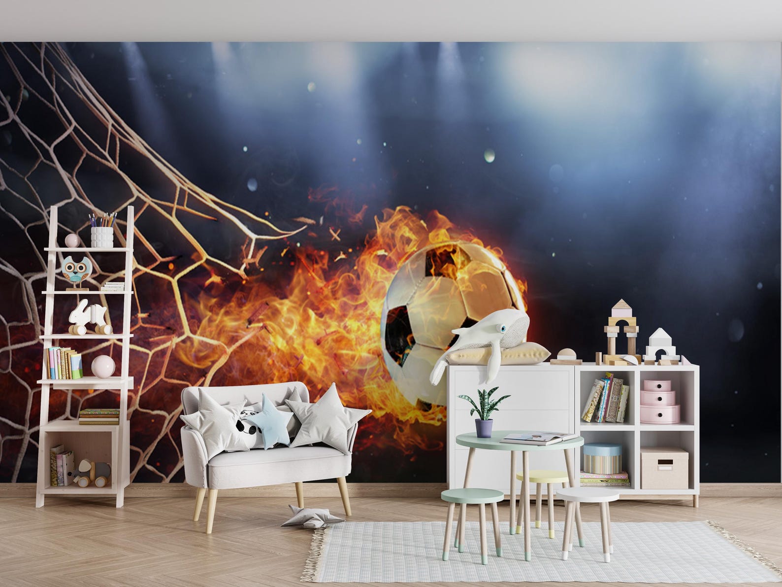 Soccer Wall Mural for Kids, Flaming Football Goal Print, Sports Theme ...