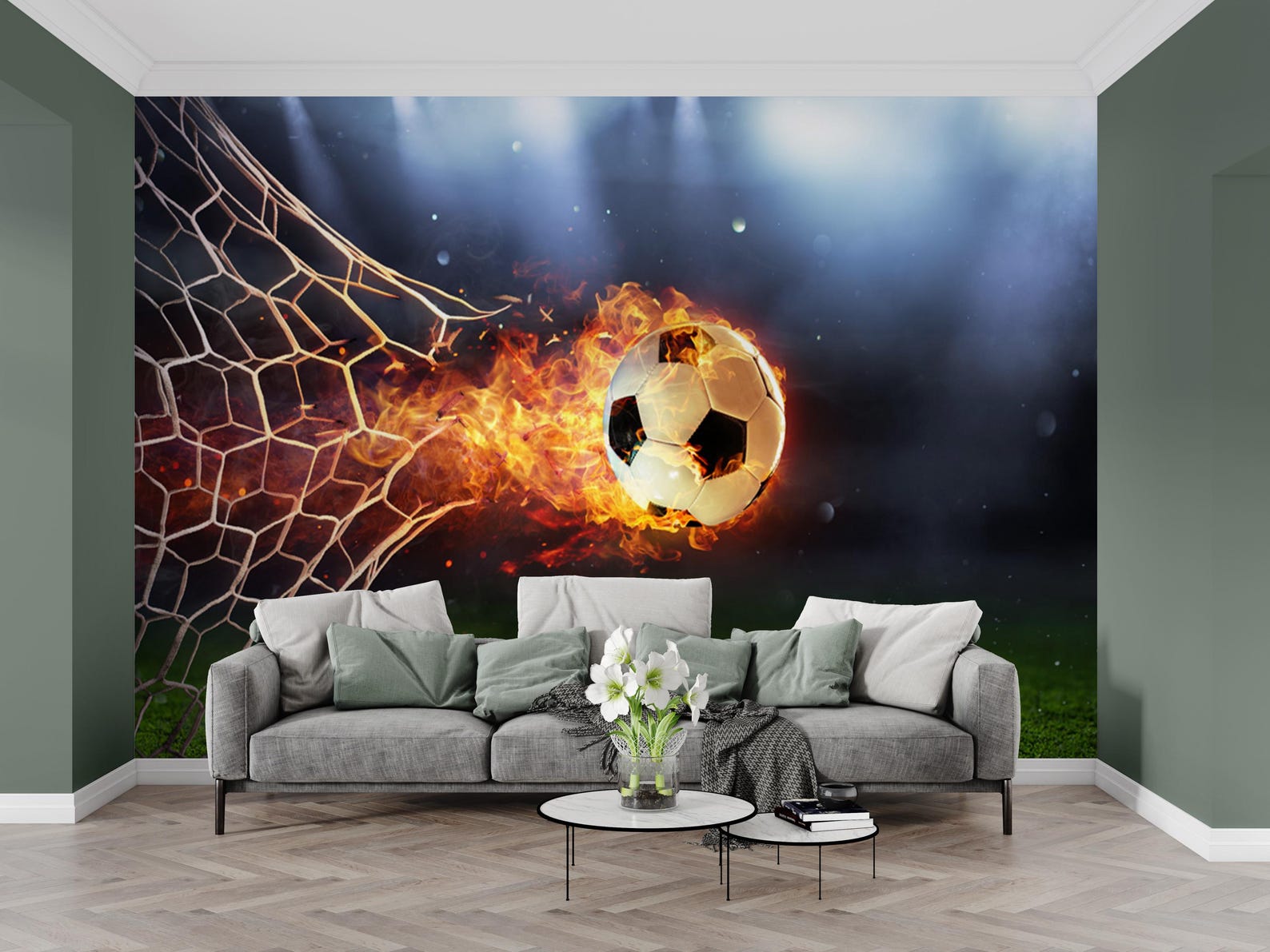 Soccer Wall Mural for Kids, Flaming Football Goal Print, Sports Theme ...
