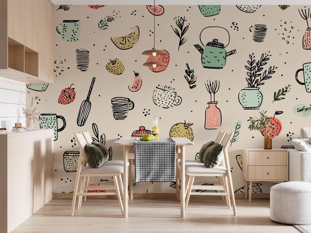 Modern Cozy Kitchen Doodle Wallpaper, Pastel Cooking Pattern Mural ...