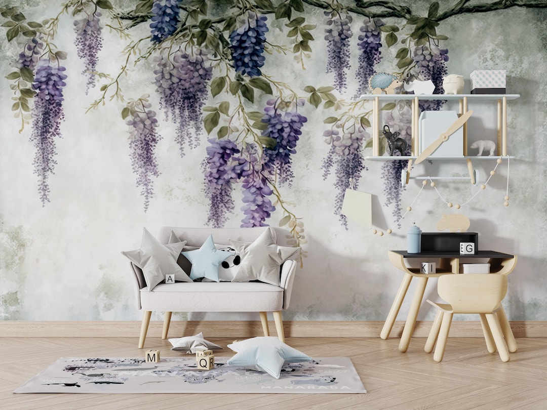 Wisteria Floral Wall Mural, Elegant Hanging Flower Wallpaper, Purple ...