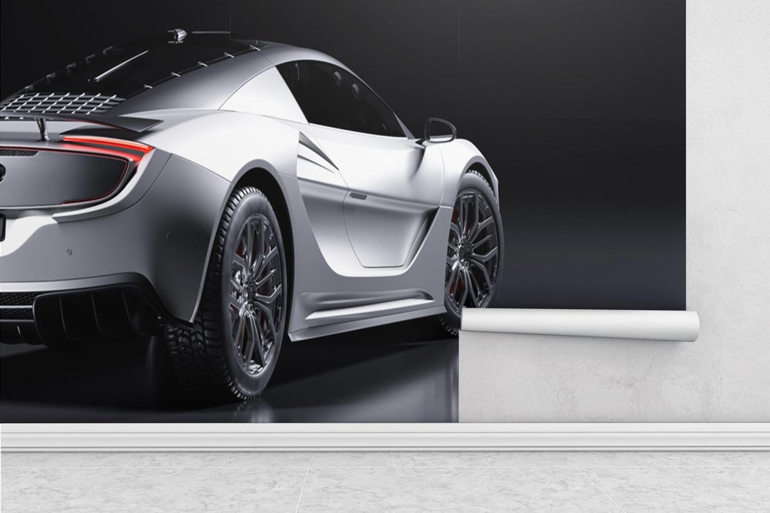 Silver Supercar Wall Mural, Luxury Sports Car Wallpaper, Modern Garage ...