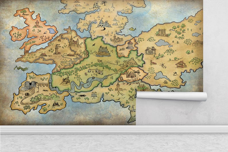 Fantasy Map Wall Mural, Medieval Style Wallpaper, Vintage Fantasy World ...