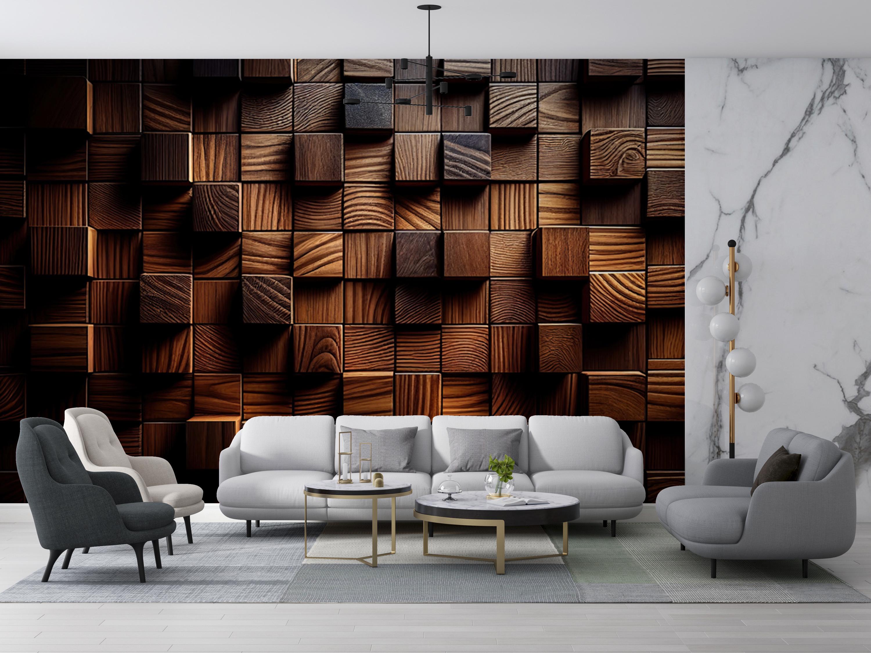 3D Wood Panel Wallpaper, Modern Rustic Wall Mural, Brown Wooden Cube ...