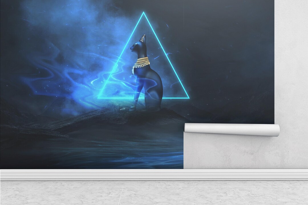 Egyptian Cat Wall Mural, Neon Blue Bastet Wallpaper, Futuristic Pharaoh ...