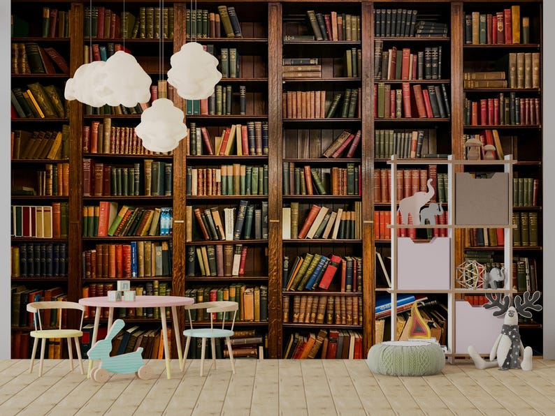Vintage Library Bookshelf Wallpaper Mural, Realistic Old Book Wall Art ...