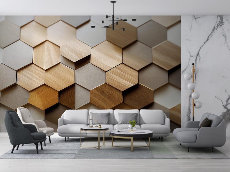 3D Hexagon Wall Mural, Modern Geometric Wallpaper, Wooden Honeycomb ...