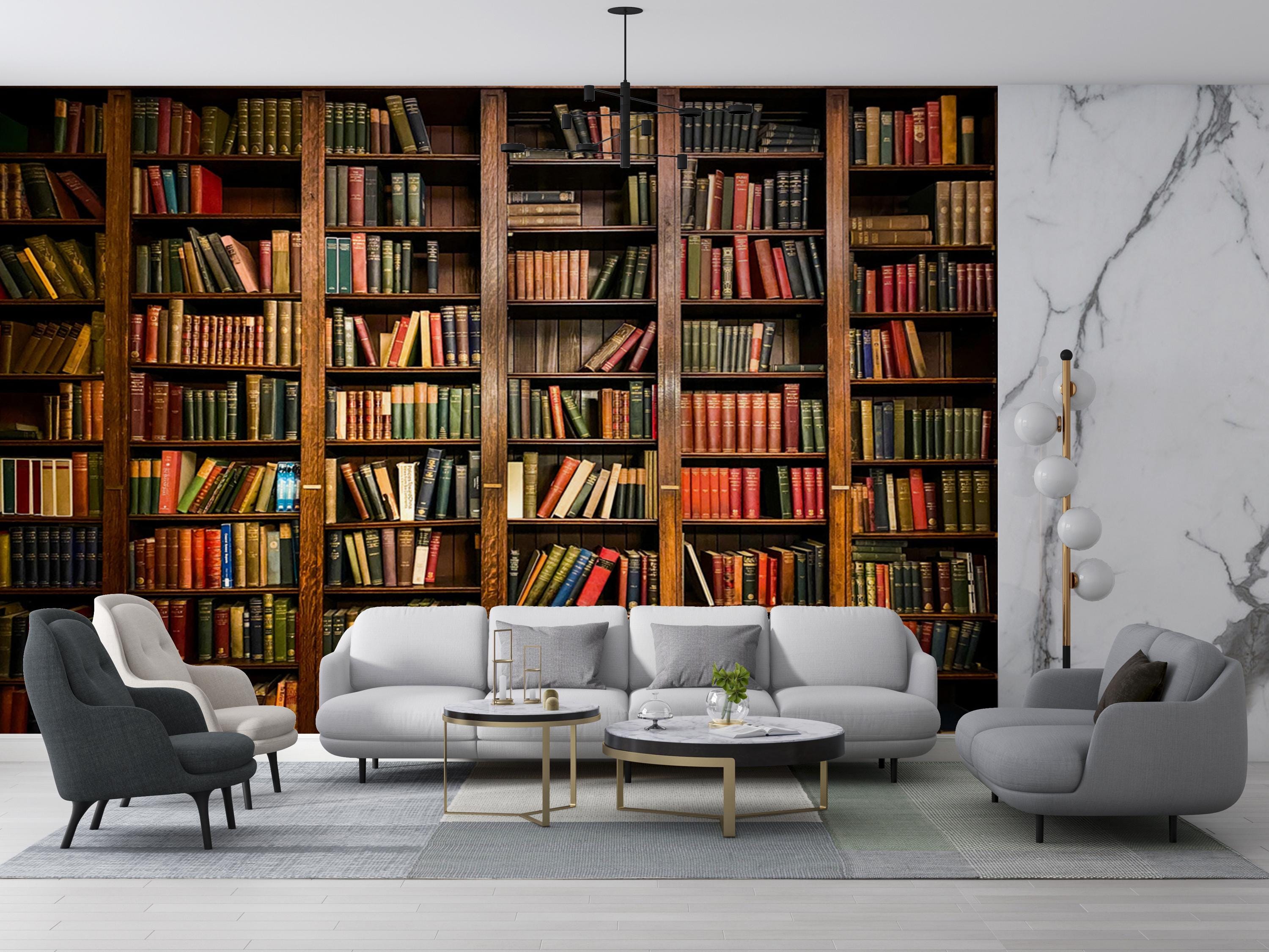 Vintage Library Bookshelf Wallpaper Mural, Realistic Old Book Wall Art ...