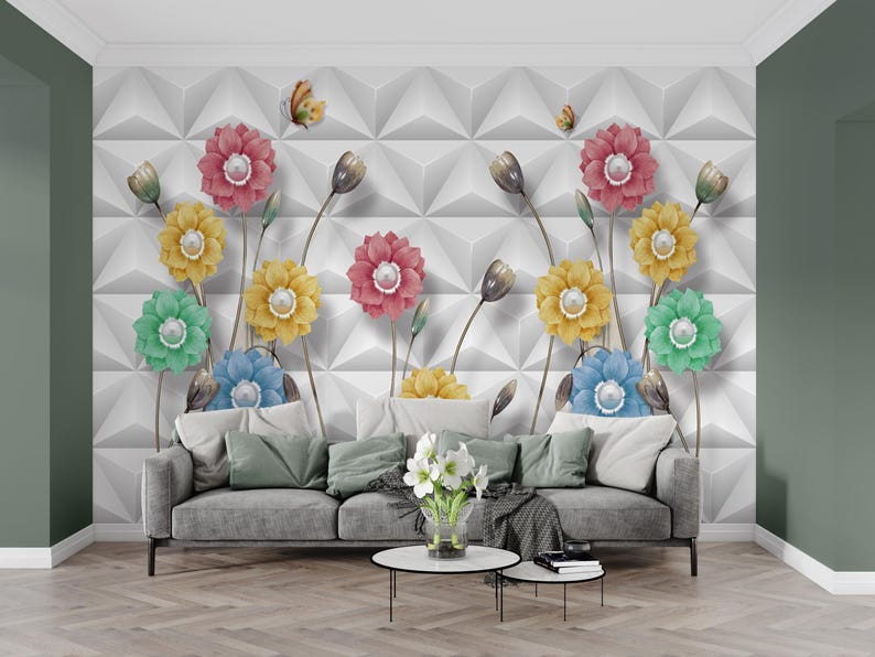 3D Pearl Flower Wall Mural, Colorful Floral Wallpaper, Modern Geometric ...