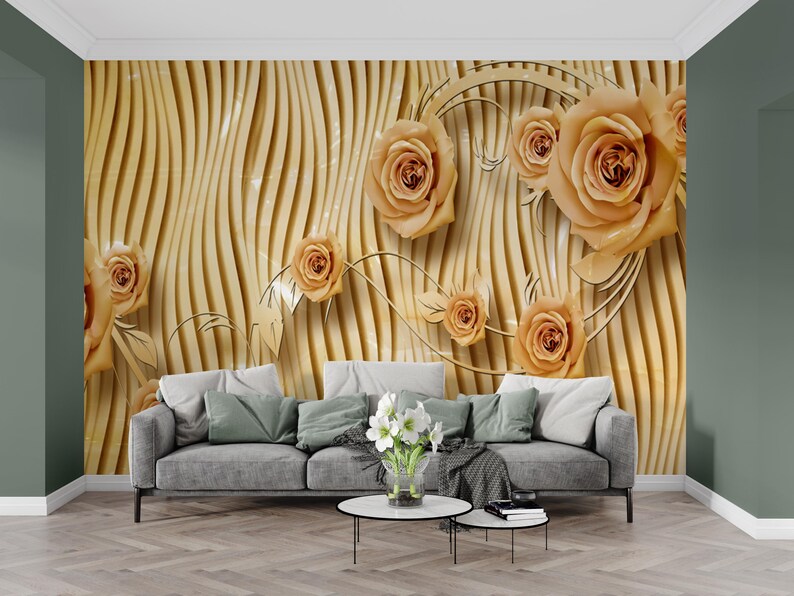 3D Rose Wall Mural, Golden Floral Wallpaper, Luxury Elegant Roses ...