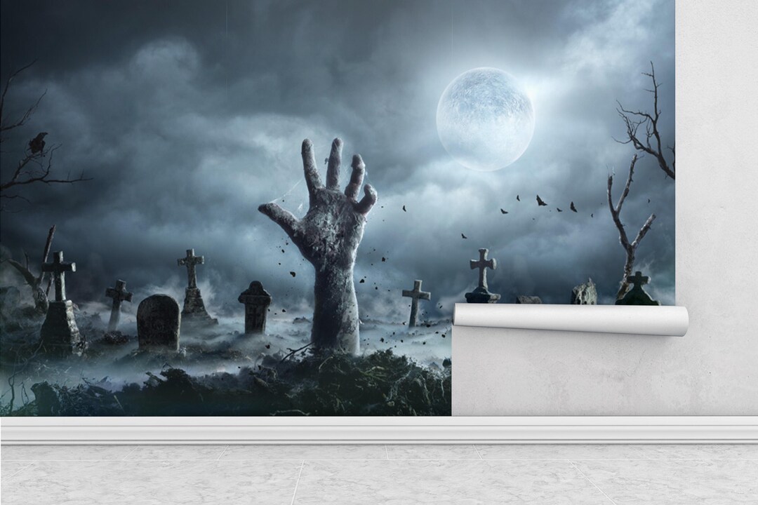 Zombie Graveyard Wall Mural, Halloween Horror Wallpaper, Scary Hand ...