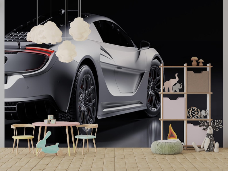 Silver Supercar Wall Mural, Luxury Sports Car Wallpaper, Modern Garage ...