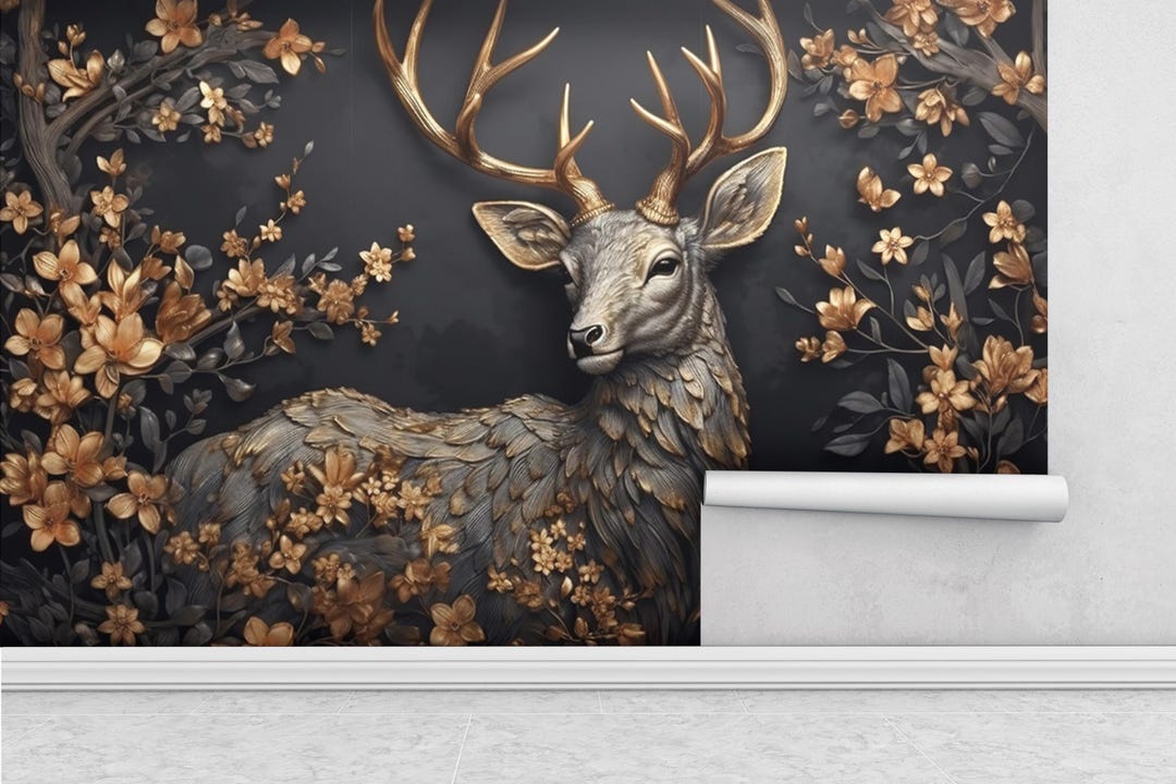 Golden Deer Wallpaper, Luxury Floral Animal Wall Mural, Dark Botanical ...