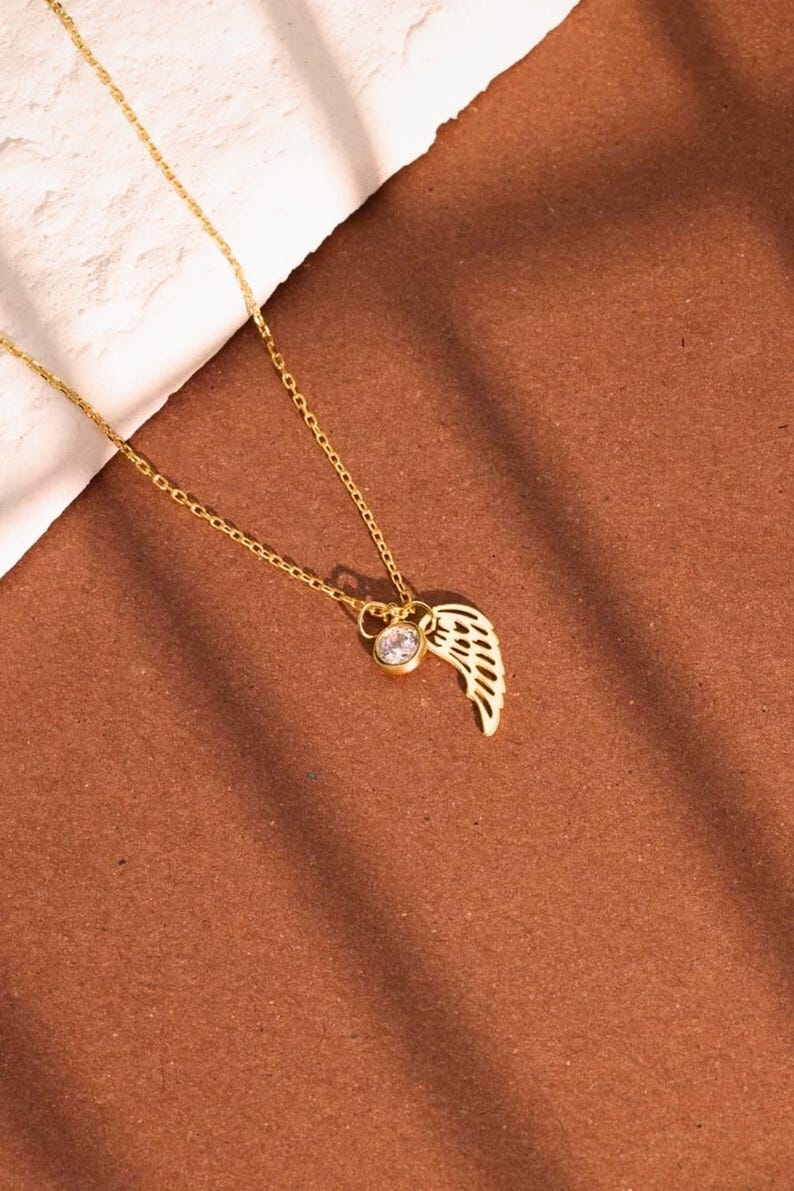 Personalized Angel Wing Birthstone Necklace,14k Gold or Silver Jewelry ...