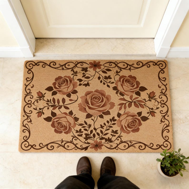 Rose Floral Door Mat|vintage Cottagecore Entryway Rug|victorian Flower ...