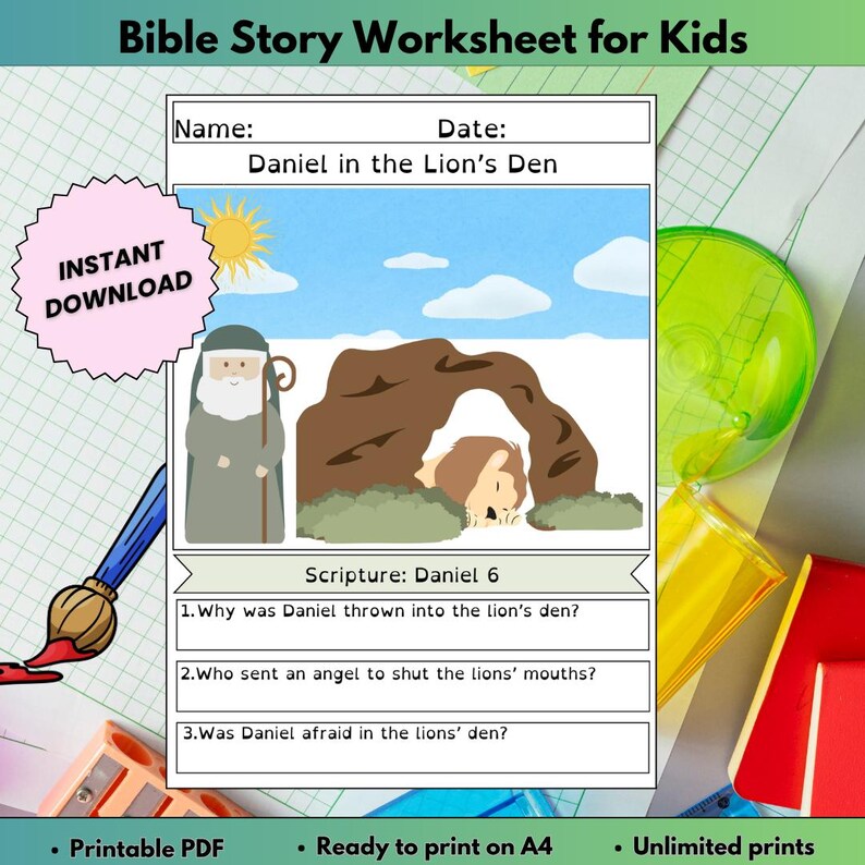 Daniel in the Lion’s Den Bible Story Worksheet Printable (PDF), Sunday ...
