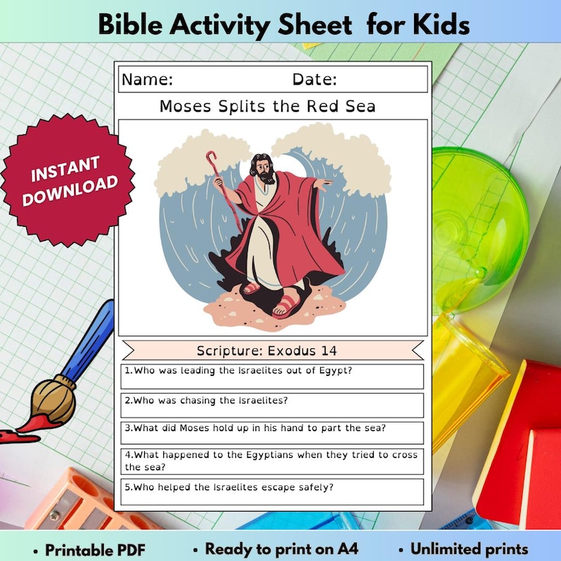 Moses and the Red Sea Worksheet, Bible Story PDF Printable for Kids ...