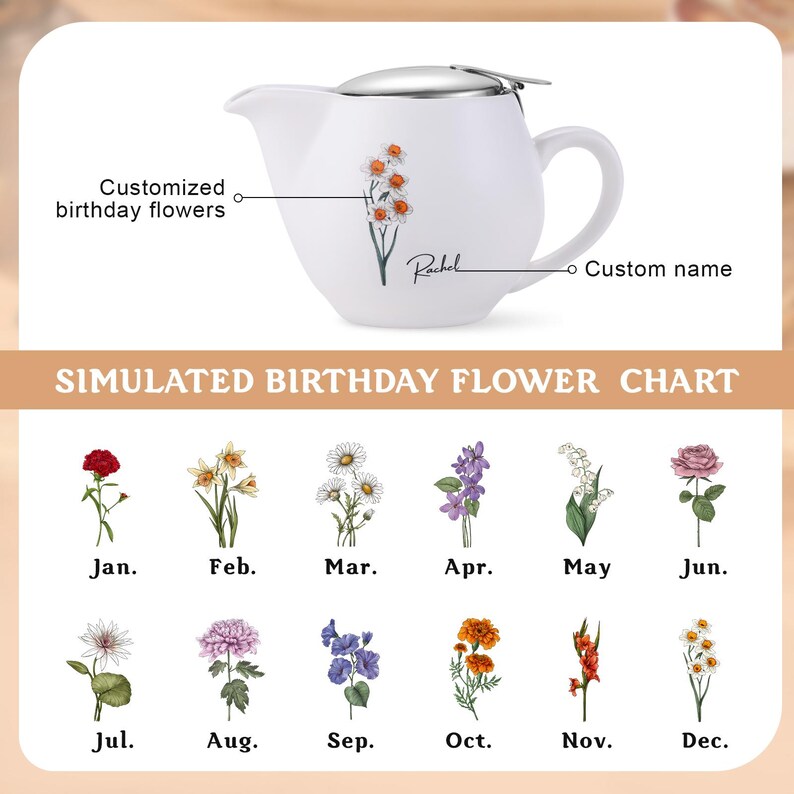 Personalized Ceramic Teapot With Birthday Flower and Name, Custom ...