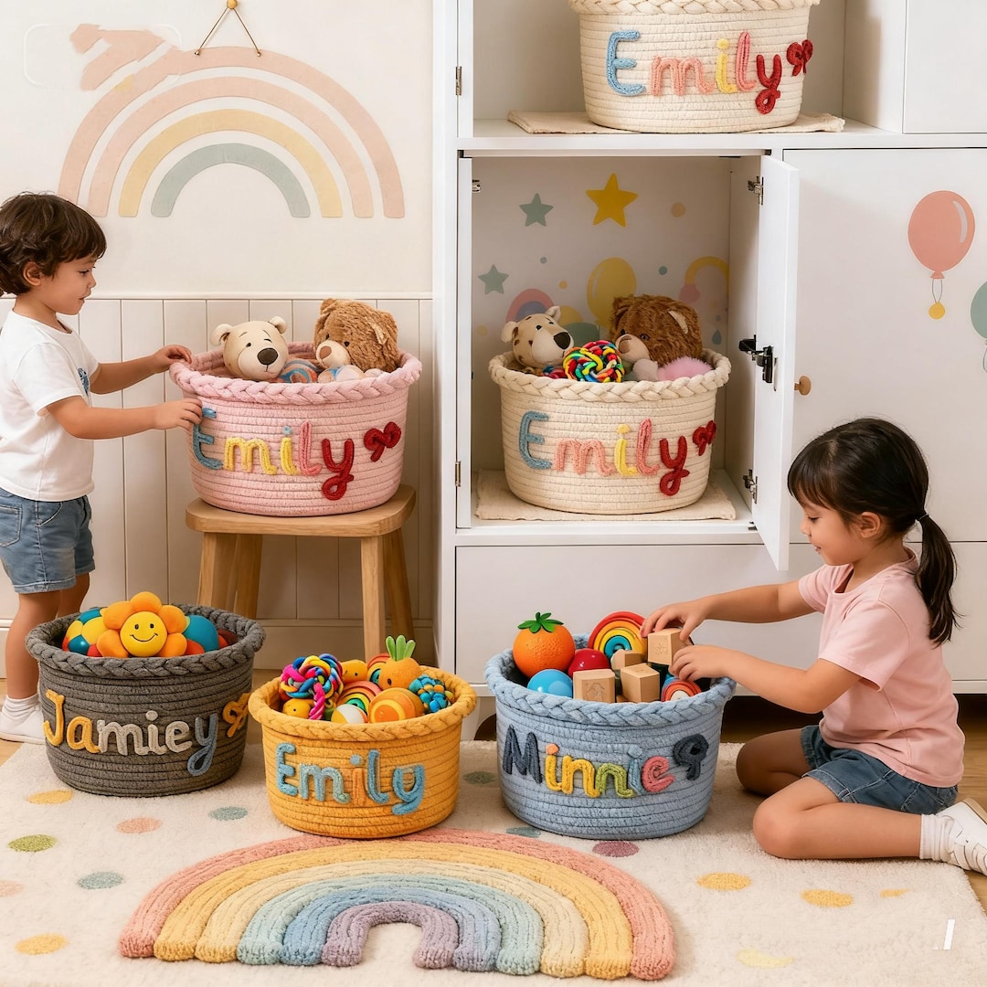Personalized Cotton Linen Toy Basket, Embroidered Name, Nursery Storage ...