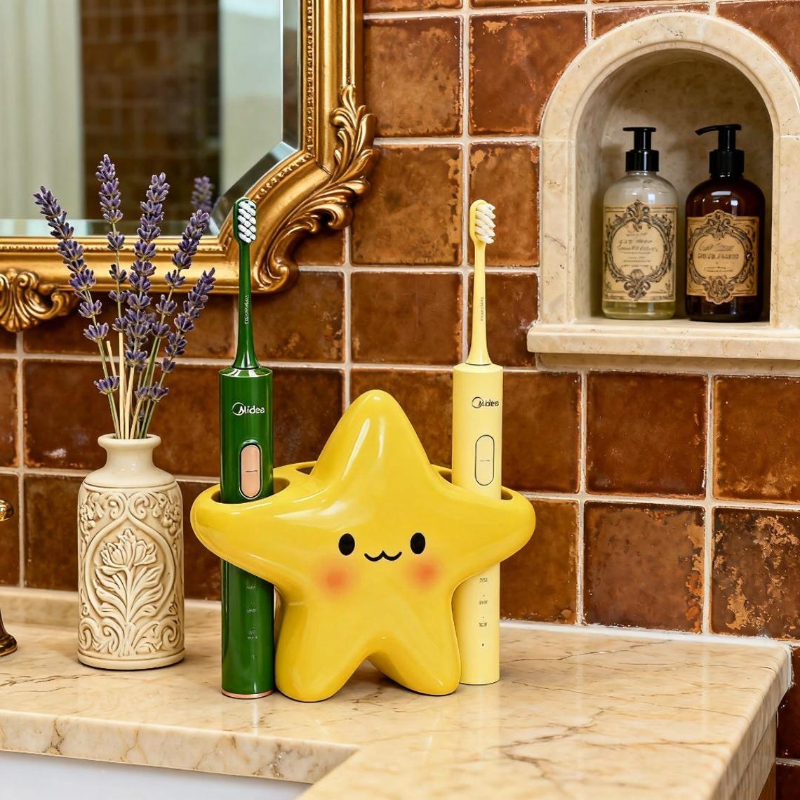 Cute Cartoon Star Ceramic Toothbrush Holder | Drainable Bathroom ...