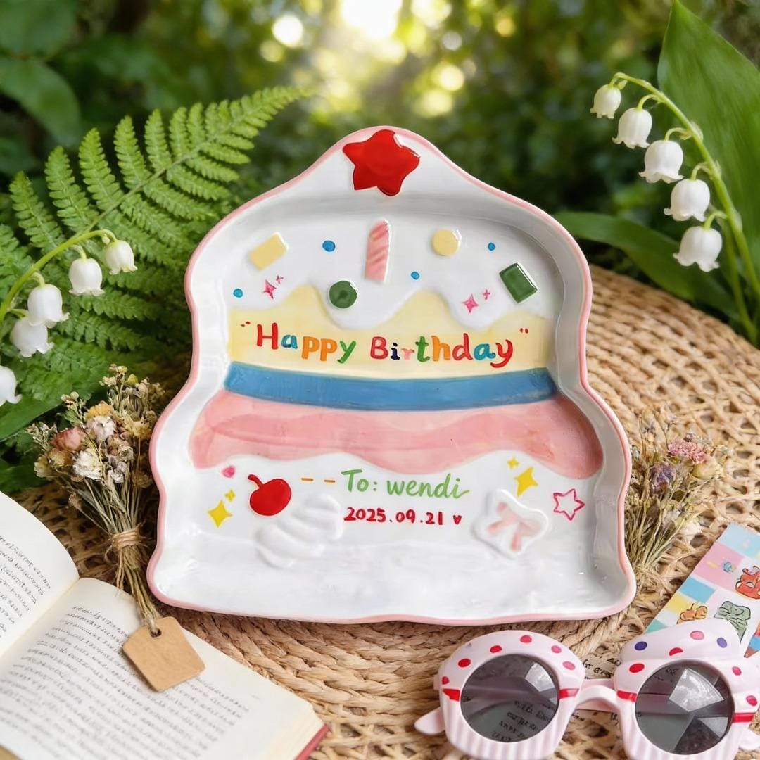 Cake-shaped Custom Ceramic Plate - Personalized Name & Birthday Date ...
