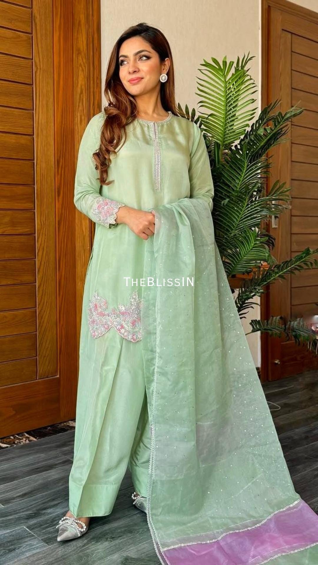 Mint Green Heavy Crepe Kurti Suit Set With Embroidered Farshi Palazzo ...
