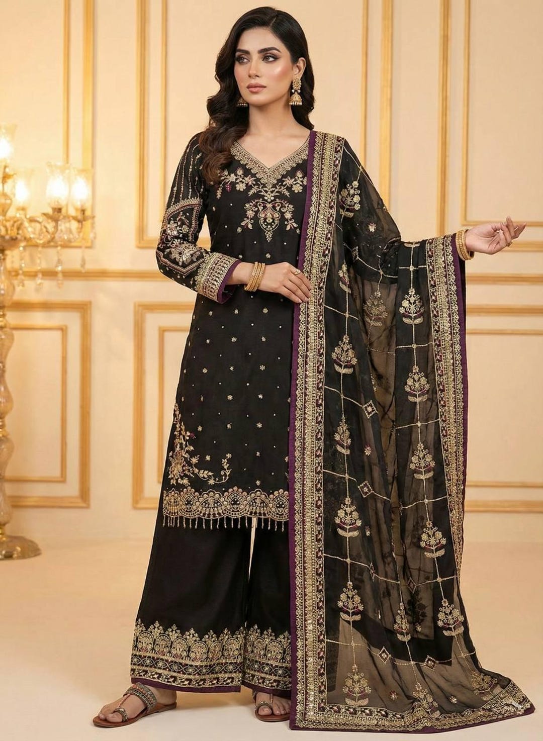 Black Jimmy Choo Embroidered Suit Set With Palazzo & Dupatta With ...