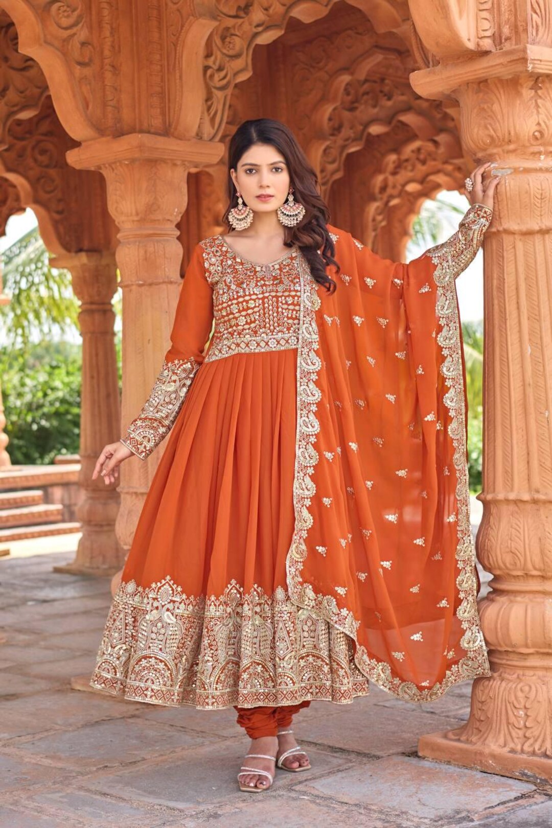 Indian Anarkali Gown Set in Faux Georgette With Embroidered Dupatta and ...