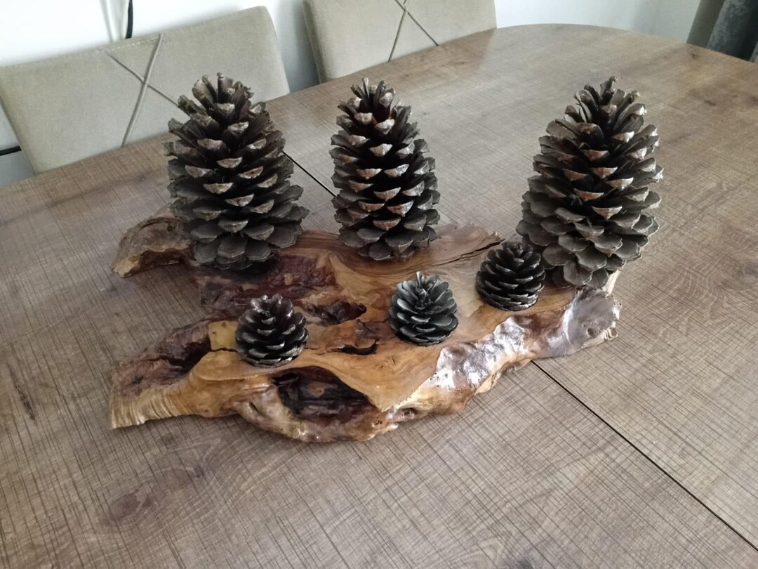 Rustic Wood Slice Centerpiece, Live Edge Slab With Pinecones, Farmhouse ...