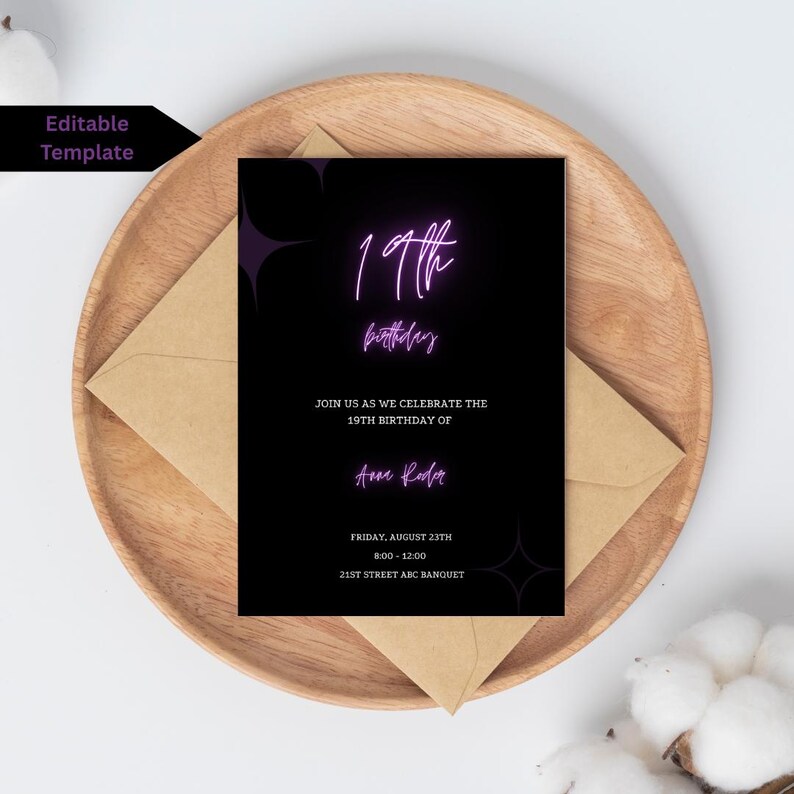 Editable Neon Birthday Invitation Template: Glowing Party Invite (canva ...