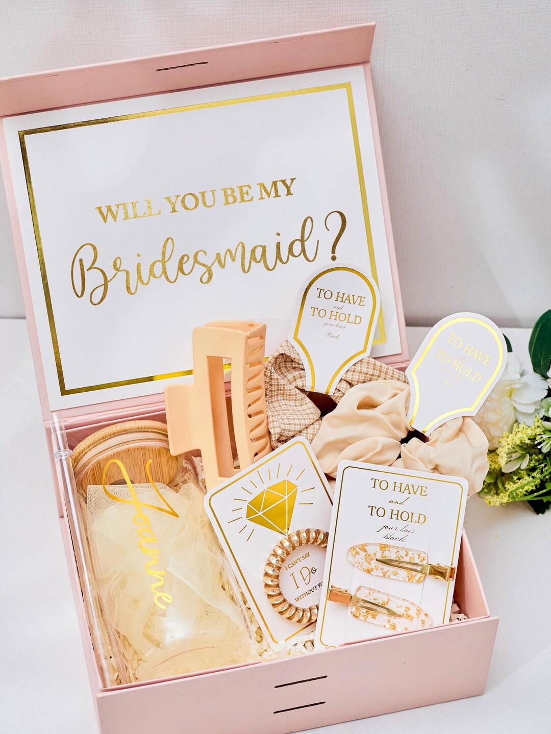 Bridesmaid Proposal Gift Box, Hair Accessories, Personalized Tumbler - Etsy
