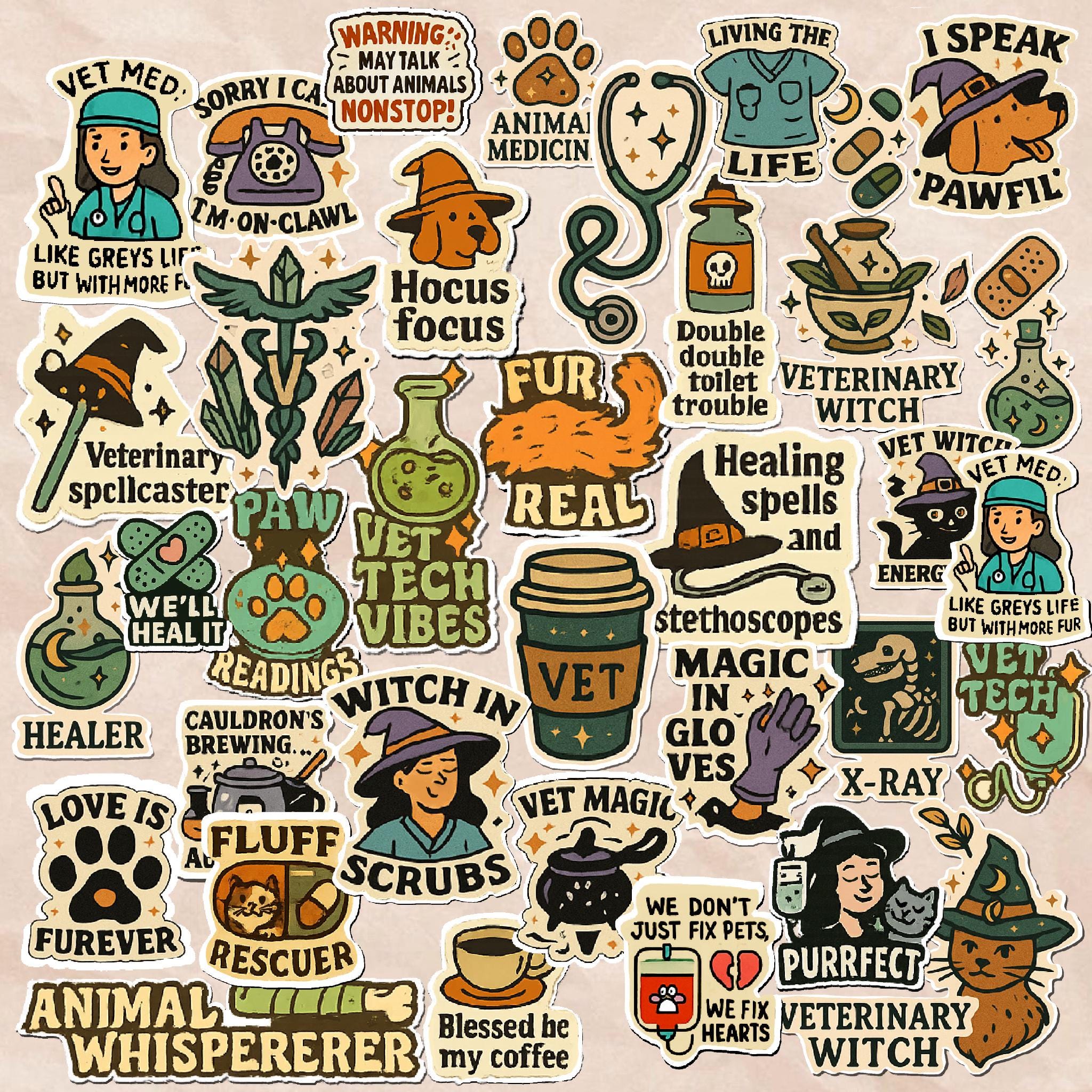 40pc Witchy Vet Med Sticker Pack – Cute Veterinary Stickers for Vet ...