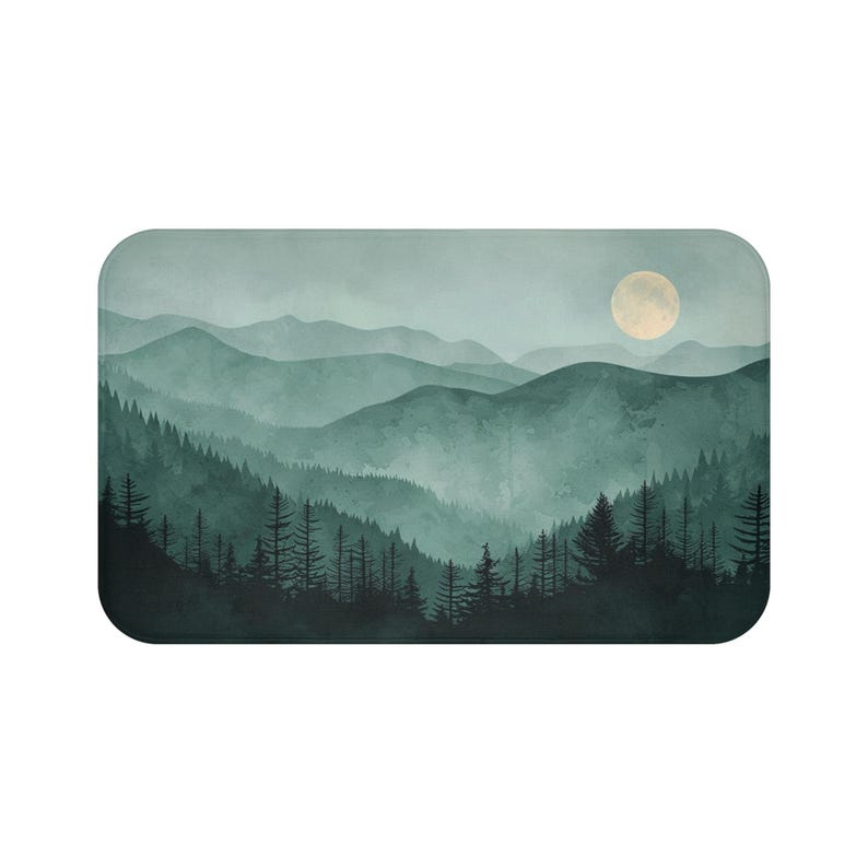Mountain Forest Bath Mat, Green Woodland Bathroom Rug, Memory Foam ...