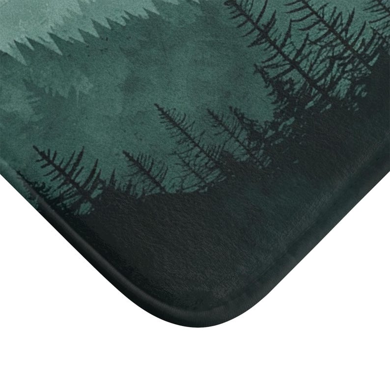 Mountain Forest Bath Mat, Green Woodland Bathroom Rug, Memory Foam ...