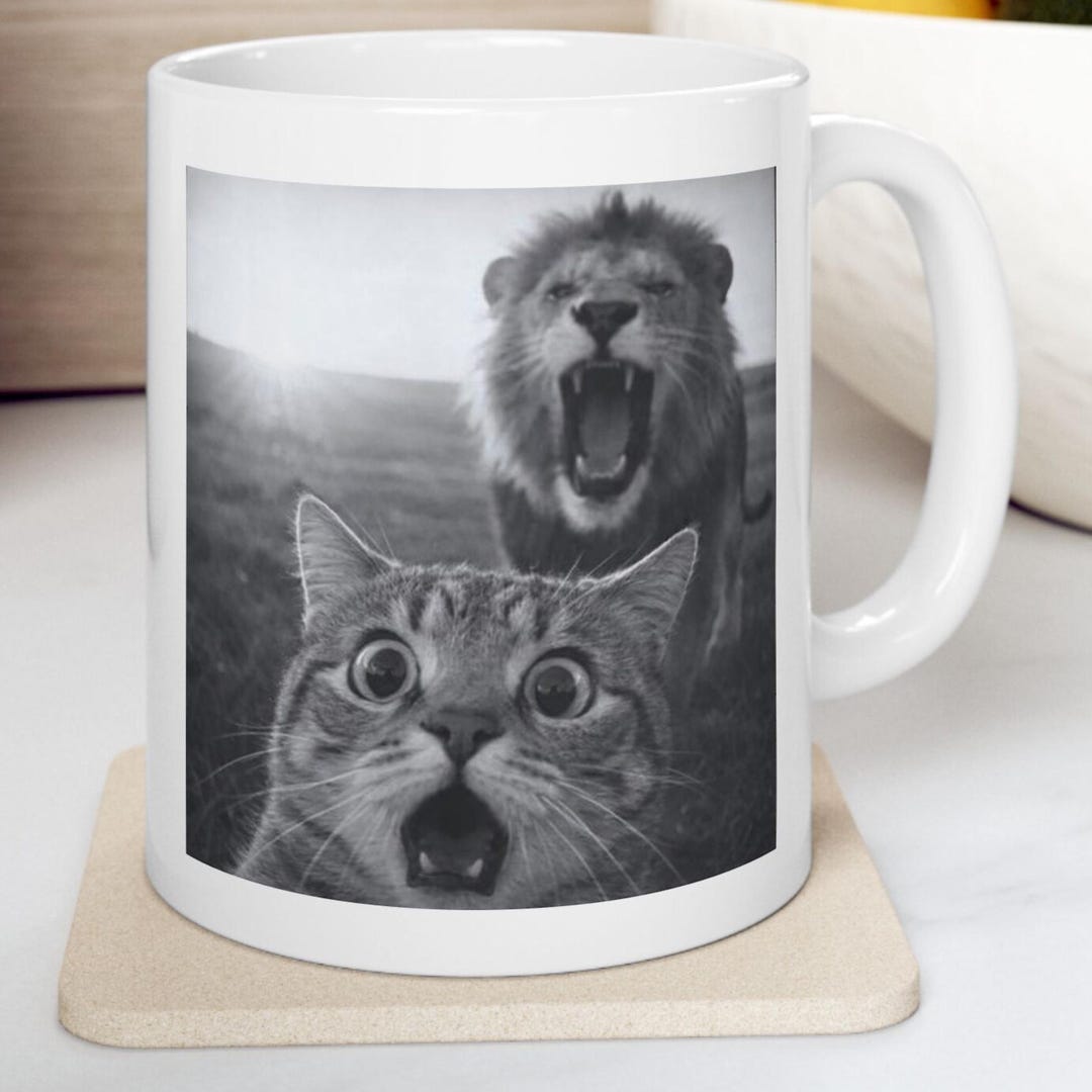 Funny Cat Mug, Reaction Cat Meme Mug, Surreal Cat & Lion Black and ...