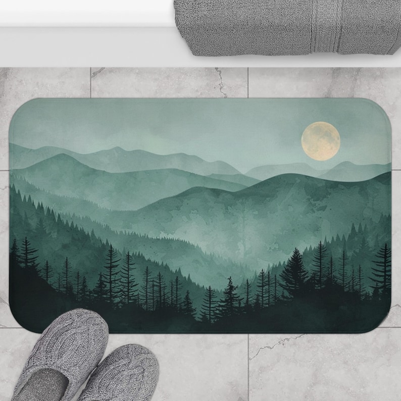 Mountain Forest Bath Mat, Green Woodland Bathroom Rug, Memory Foam ...