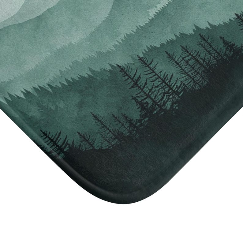Mountain Forest Bath Mat, Green Woodland Bathroom Rug, Memory Foam ...