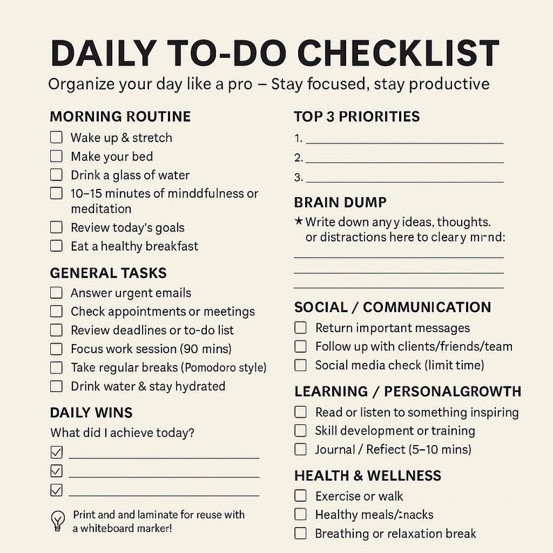 Daily To-do Checklist Template in Word | Printable Productivity Planner ...