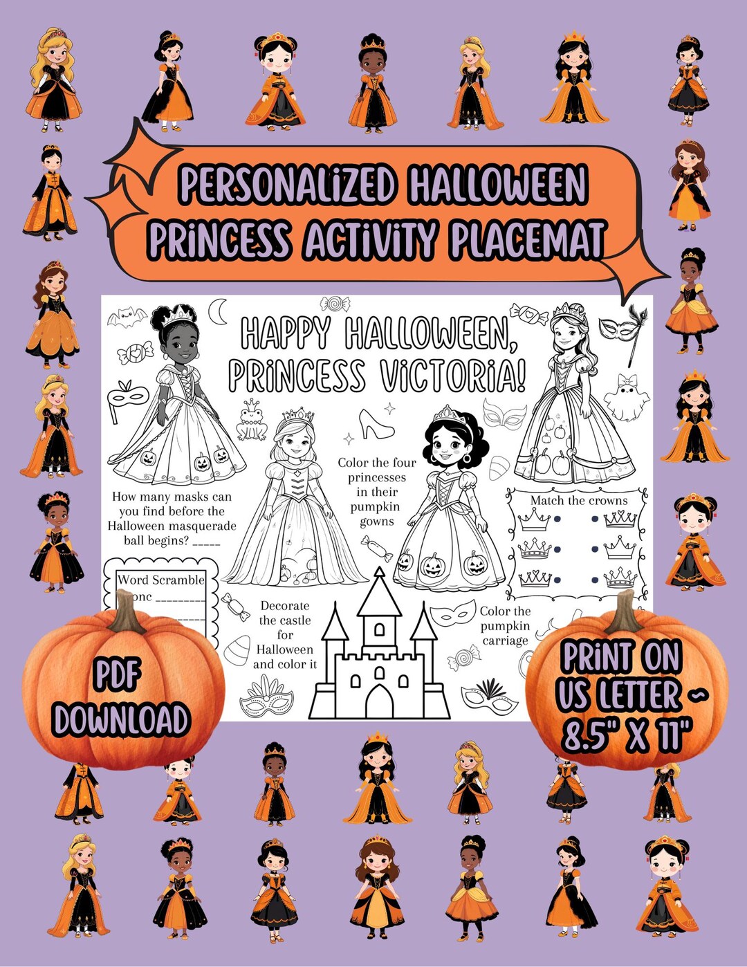 Halloween Activity Placemat: Printable Games, Coloring Page (PDF ...