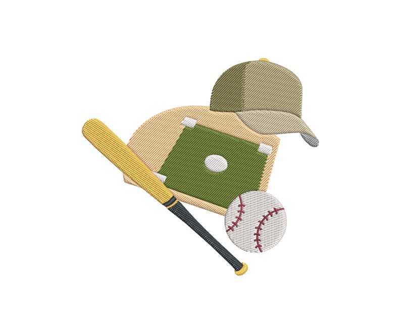 Diseño de bordado de campo de béisbol, gorra cerca de bate y pelota ...