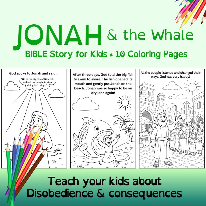 Jonah and the Whale Coloring Pages: Bible Story Activity for Kids ...