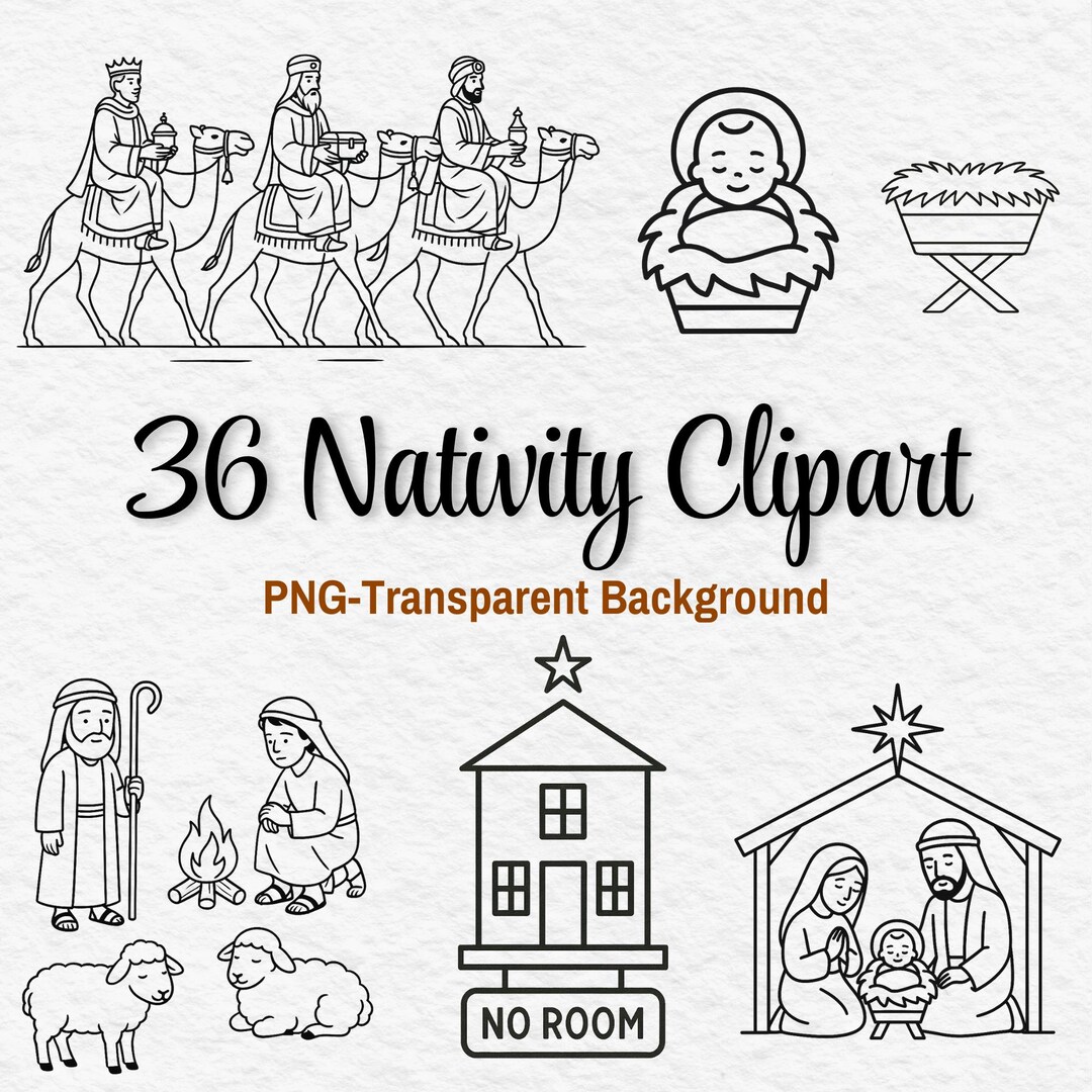 Nativity Clipart Set | 36 Black and White Line Art Pngs (digital ...